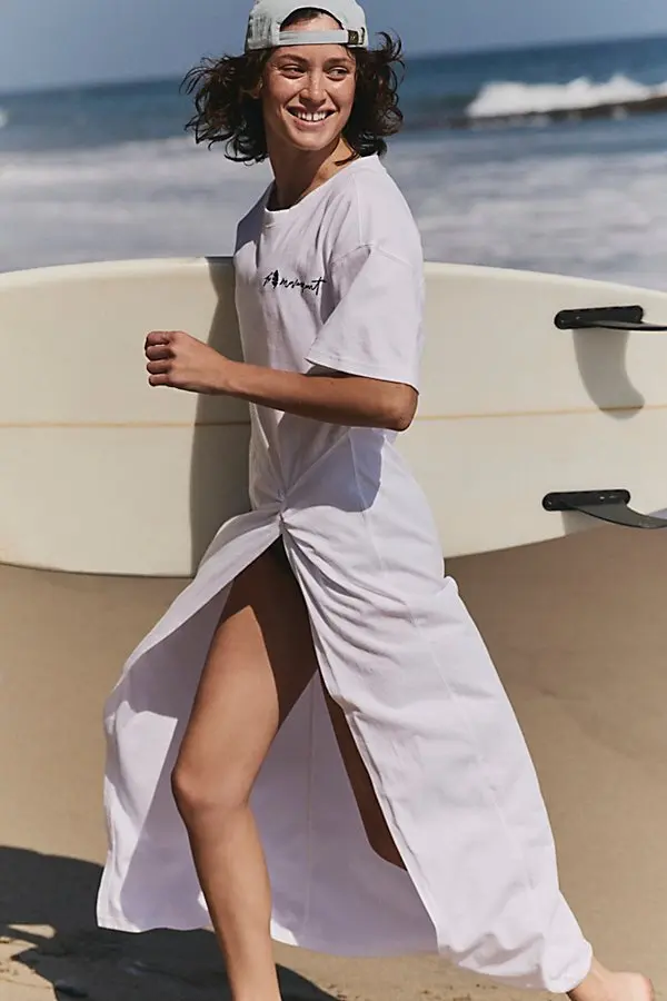 Free People Cotton Maxi Tunic Tee With Side Slit - White