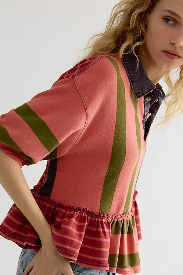 Free People Striped Peplum Top With Ruffle Trim - Pink Combo