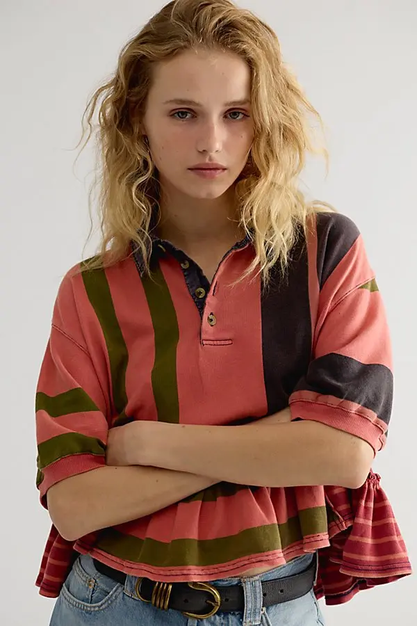 Free People Harbor Stripe Peplum Top - Pink Combo
