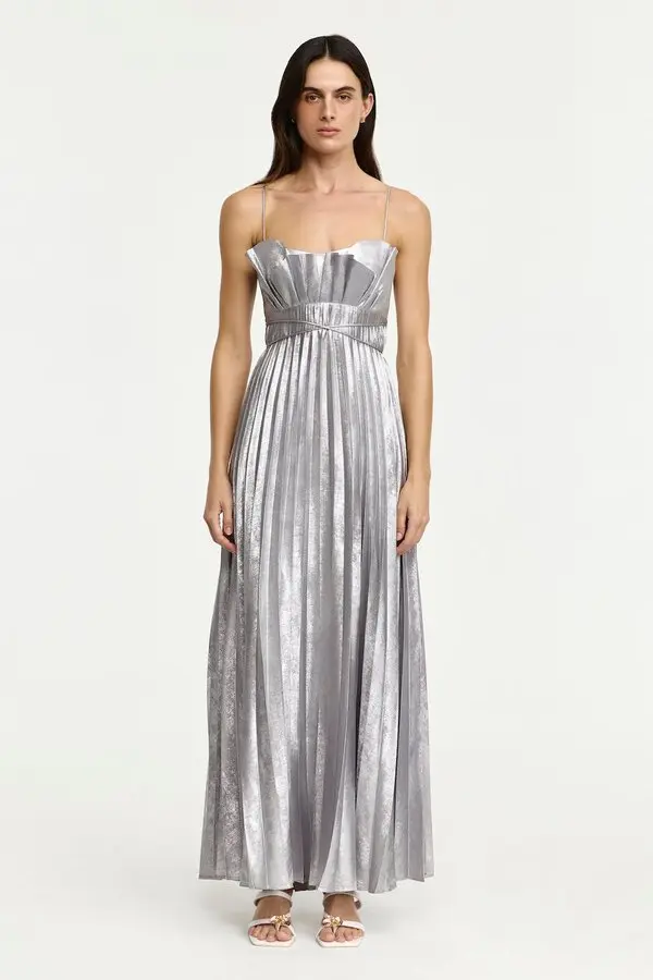 Acler Kelsale Maxi Dress Metallic Pleated Gown - Silver Metallic