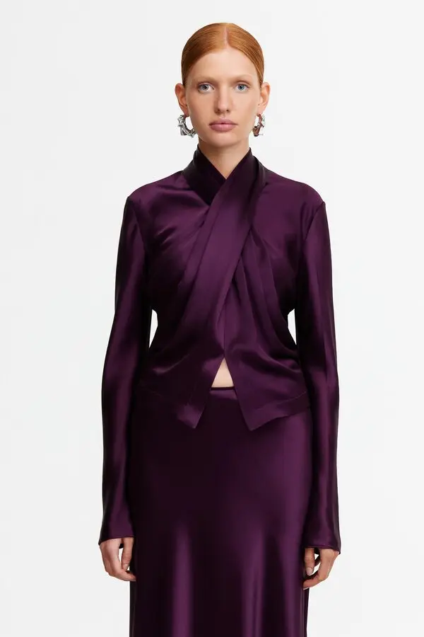 Acler Soroba Top Draped Crossover Satin Blouse - Fig
