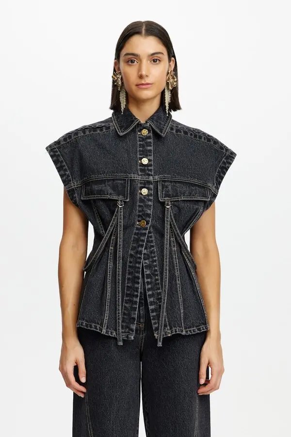 Acler Poulton Top Sleeveless Denim Shirt With Contrast Stitching And Waist Tie Detail - Black