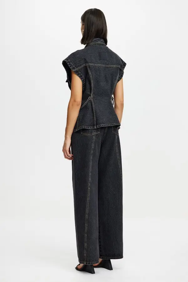Acler Poulton Top Sleeveless Denim Shirt With Contrast Stitching And Waist Tie Detail