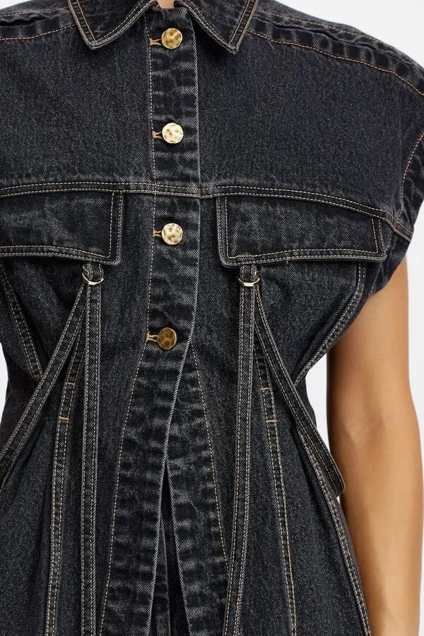 Acler Poulton Top Sleeveless Denim Shirt With Contrast Stitching And Waist Tie Detail