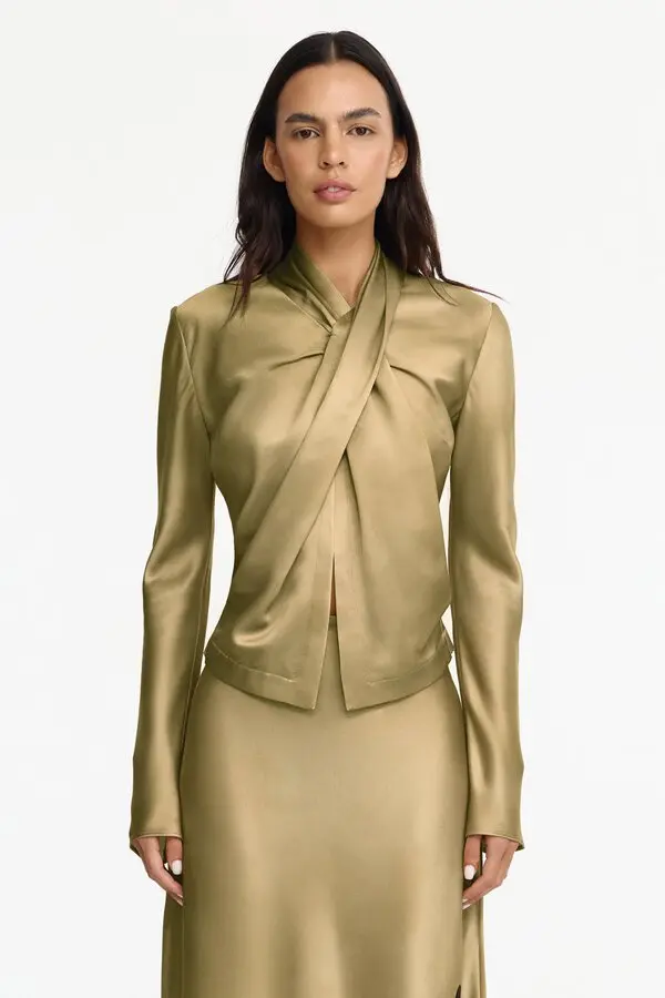Acler Soroba Top Long Sleeve Satin Draped Crossover Blouse - Dusk