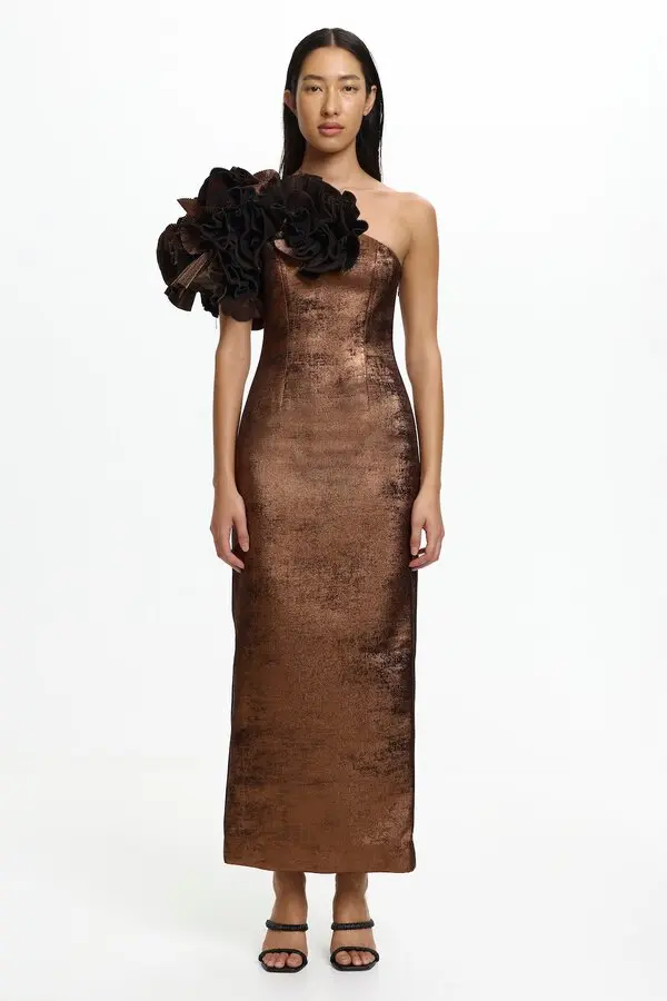 Acler Hampstead One-shoulder Frill Midi Dress - Bronze