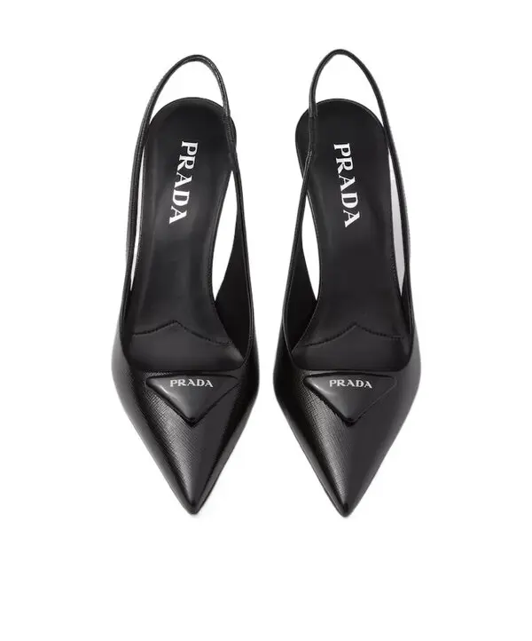 Prada Triangle-logo Pointed-toe Slingback Pumps - Black