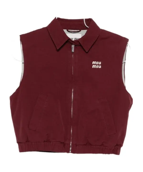 Miu Miu Logo Embroidered Zipped Gilet - Brown