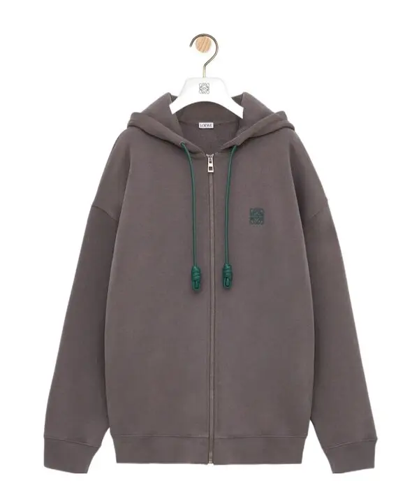 Loewe Logo Embroidered Zipped Drawstring Hoodie - Dark Gray
