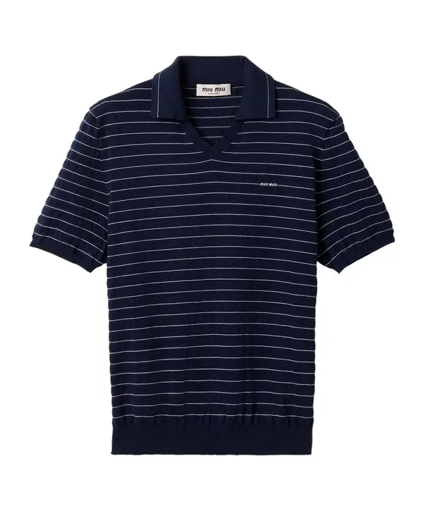 Miu Miu Striped Embroidered Knitted Polo Top - Blue