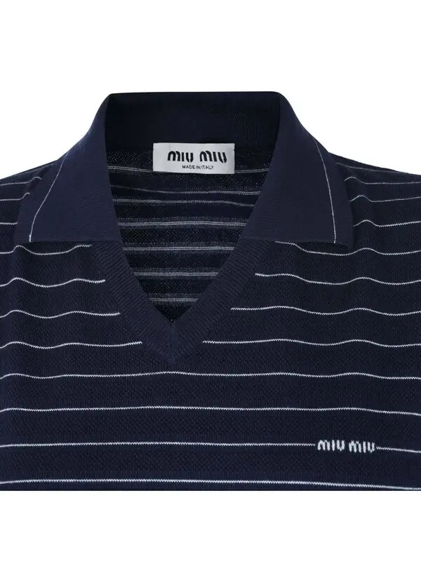 Miu Miu Striped Embroidered Knitted Polo Top - Blue