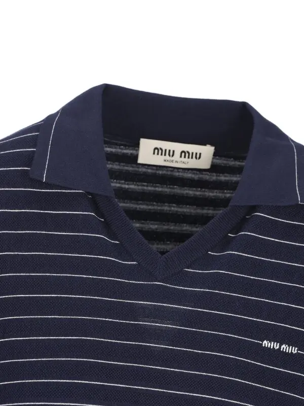 Miu Miu Striped Embroidered Knitted Polo Top - Blue