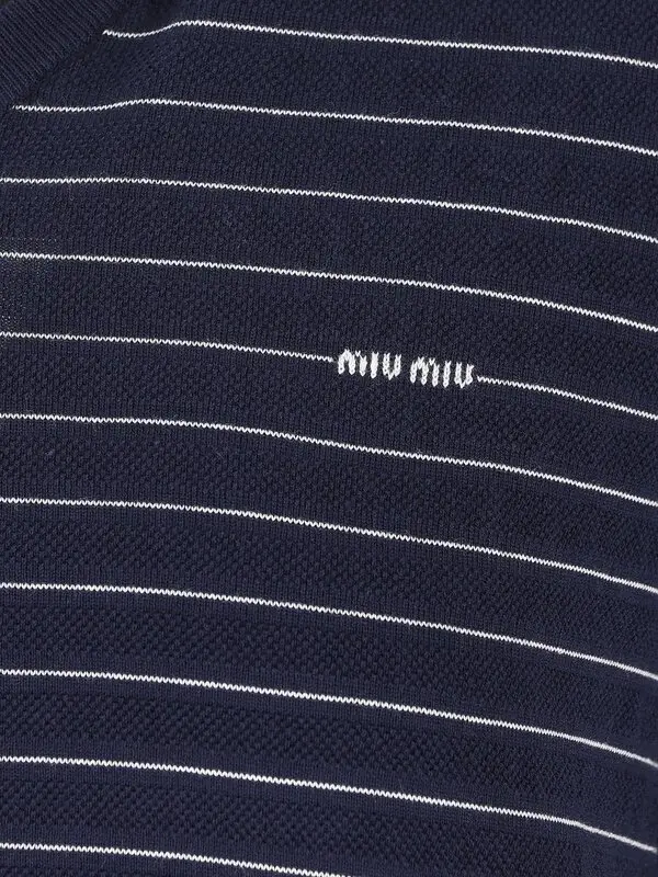 Miu Miu Striped Embroidered Knitted Polo Top - Blue