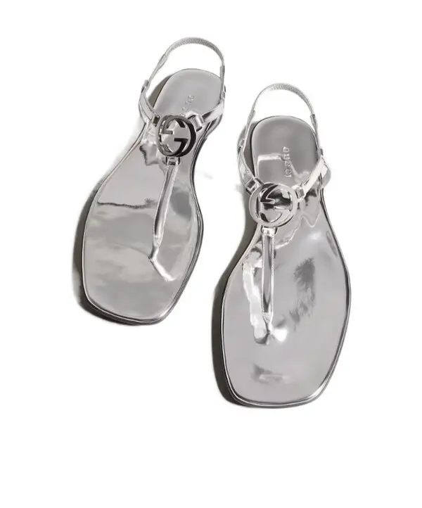 Gucci Thong Sandal With Interlocking G - Metallic Silver