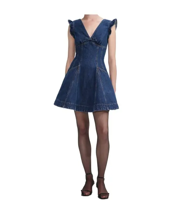 SELF-PORTRAIT Denim Dress With Ruffle Detail - Blue