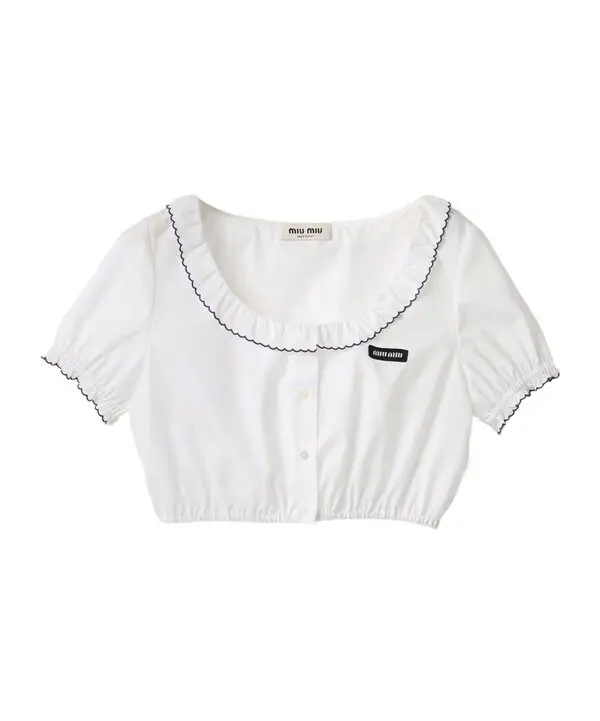 Miu Miu Cropped Ruffled Neck Top - White/blue