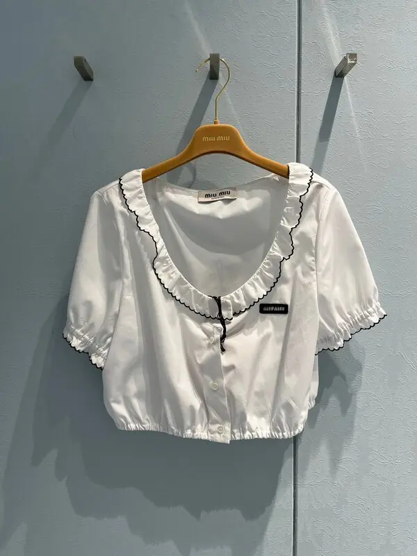 Miu Miu Cropped Ruffled Neck Top - White/blue