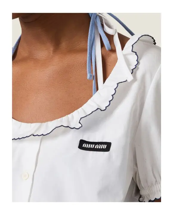 Miu Miu Cropped Ruffled Neck Top - White/blue