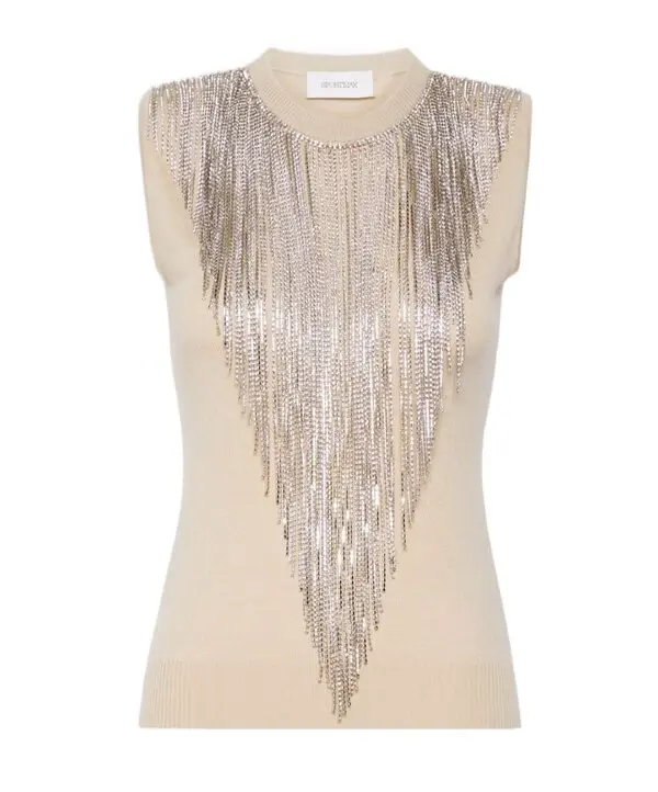 Sportmax Sleeveless Crewneck Top With Rhinestone Fringe - Beige