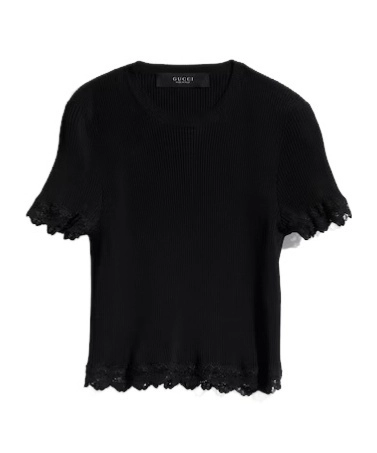 Gucci Fine Matte Viscose Ribbed Top With Lace Trim - Black