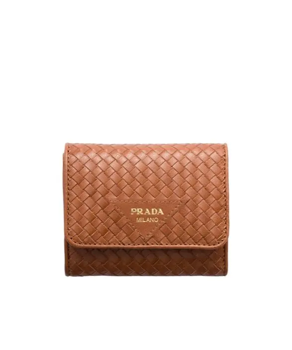 Prada Small Woven Leather Wallet - Cognac Brandy