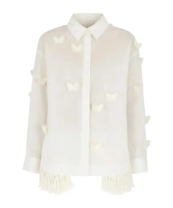 Farm Rio Butterfly Embellished Fringe Shirt - White