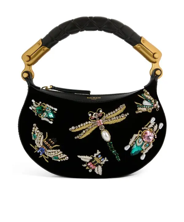 Balmain Mini Ebene Embroidered Velvet Bag - Black