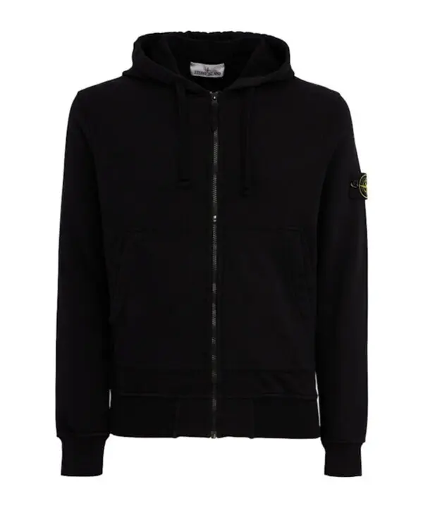 Stone Island Logo Cotton Zip Hoodie - Black