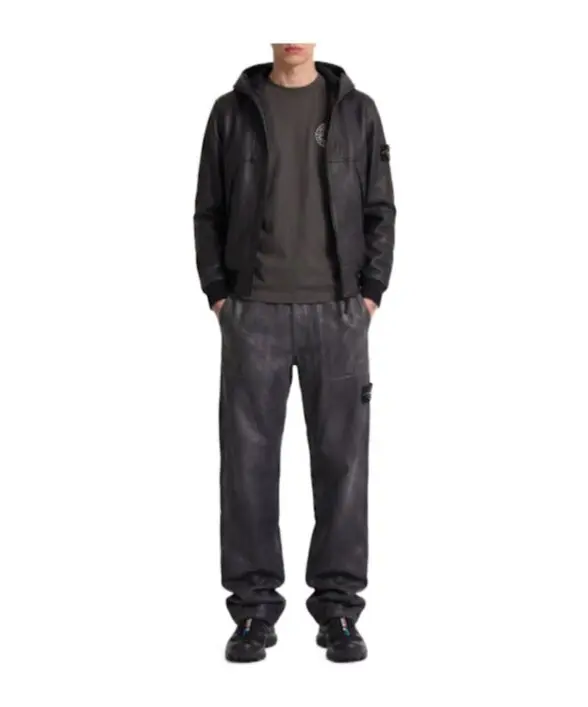 Stone Island Leather Zip-up Hooded Jacket