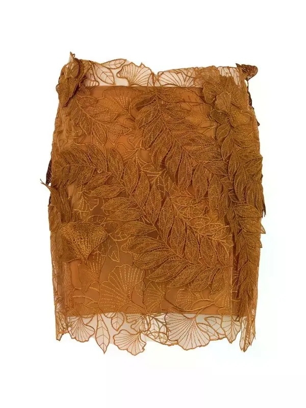 Alberta Ferretti Embroidered Lace Mini Skirt - Brown