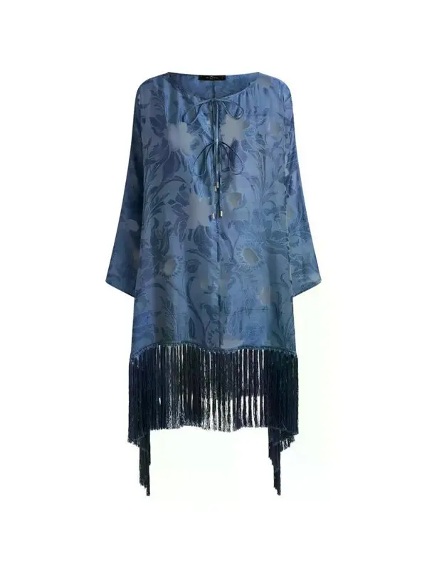 Etro Silk Jacquard Kaftan With Fil Coupé Floral Motif And Fringing - Blue