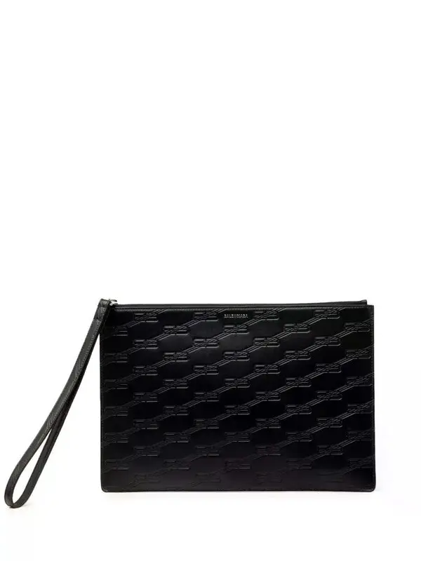 Balenciaga Bb Monogram Embossed Leather Wristlet Clutch Bag - Black