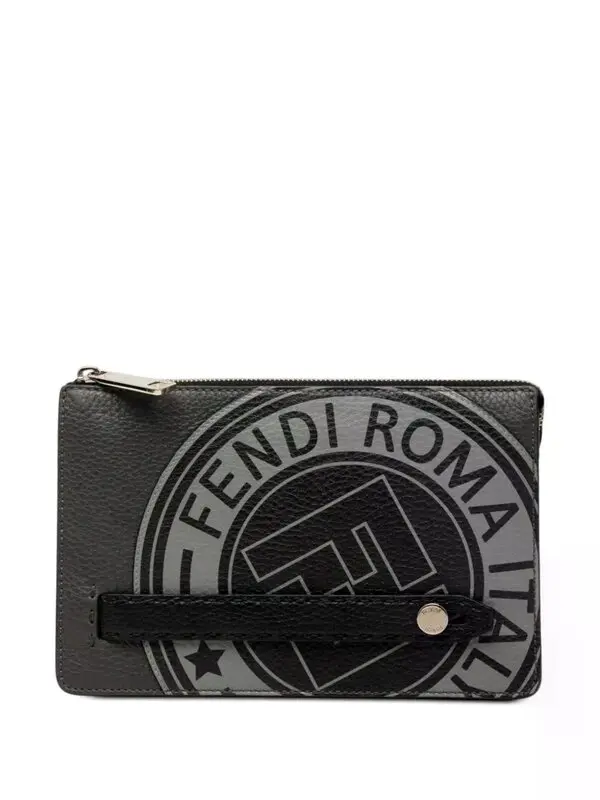 Fendi Grained Leather Roma Selleria Zip Clutch Bag - Black
