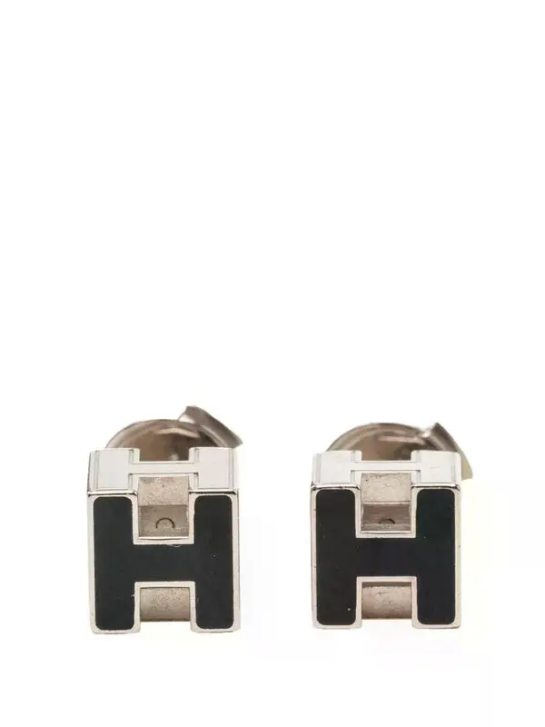 Hermès Palladium Plated Enamel Cage 'd H Push Back Earrings - Silver