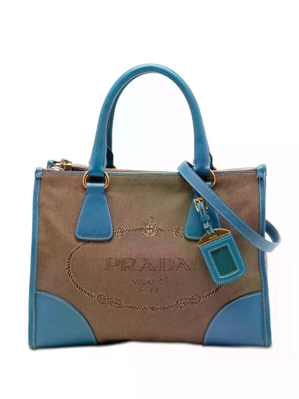 Prada Saffiano Trimmed Canvas Canapa Logo Double Zip Satchel - Brown