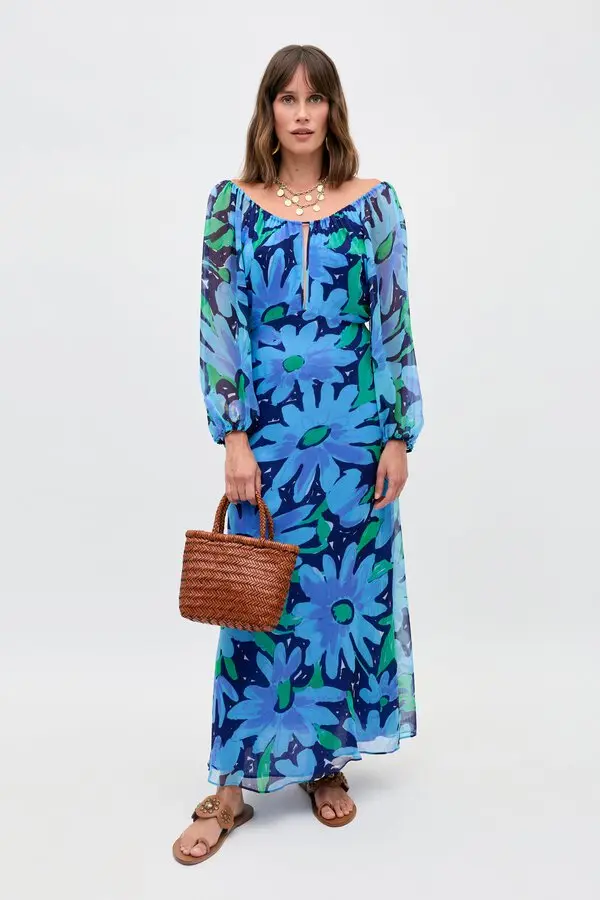 Rixo Nikolette Danish Floral Maxi Dress - Blue