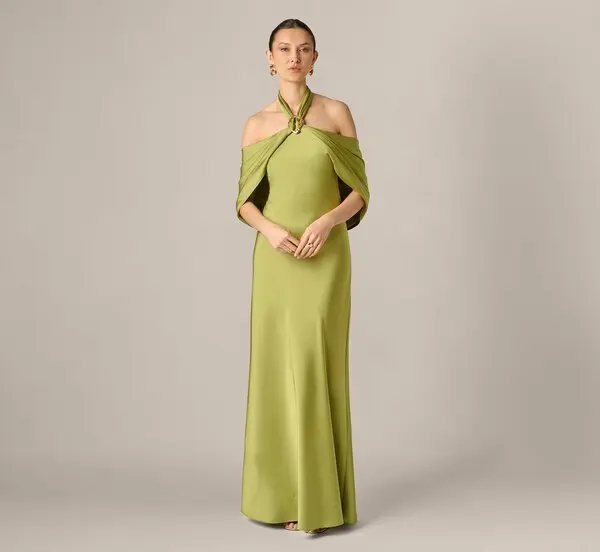 Aidan Mattox Satin Draped Shawl Halter Gown - Fern