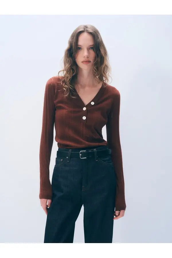 WHITE & WARREN Linen Blend Henley | Redwood - Brown