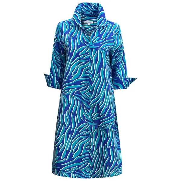 PERLAVERA Misty Zebra Tranquil Three Quarter Sleeve Length Gathered Back Midi Dress - Blue