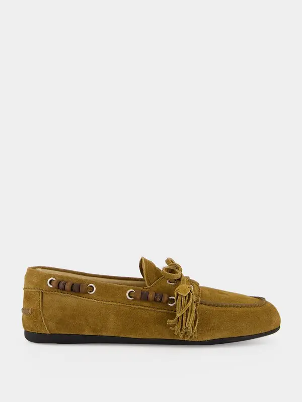 Miu Miu Camel Suede Tassel Deck Shoes - Brown