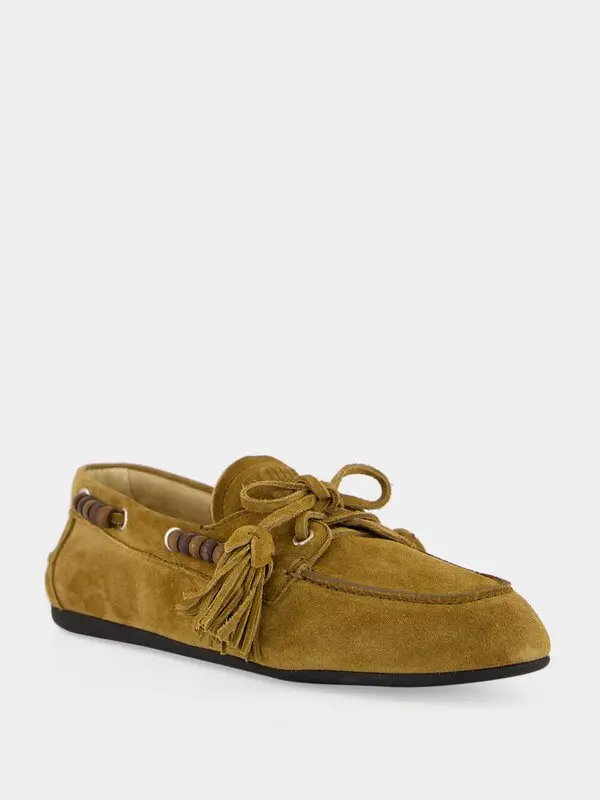 Miu Miu Camel Suede Tassel Deck Shoes - Brown