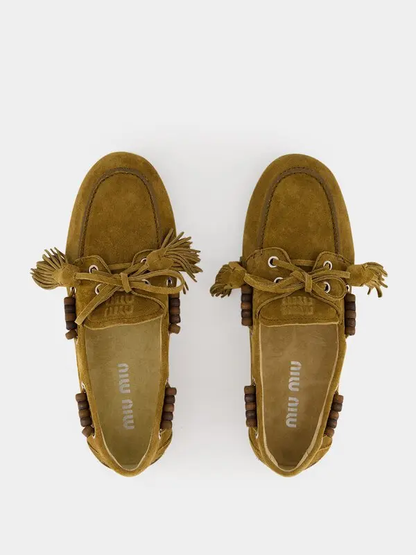 Miu Miu Camel Suede Tassel Deck Shoes - Brown