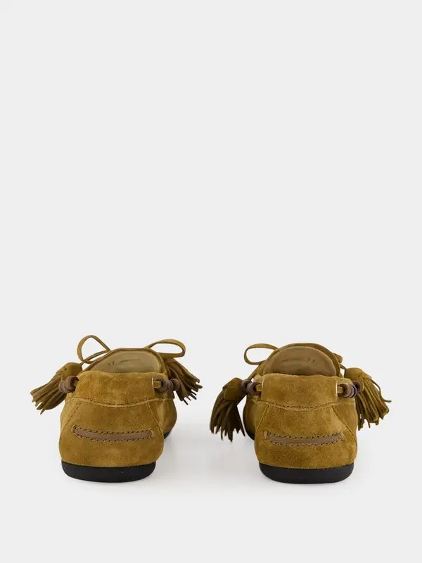Miu Miu Camel Suede Tassel Deck Shoes - Brown