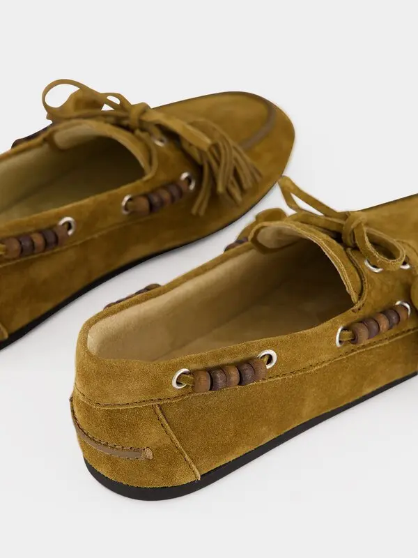 Miu Miu Camel Suede Tassel Deck Shoes - Brown