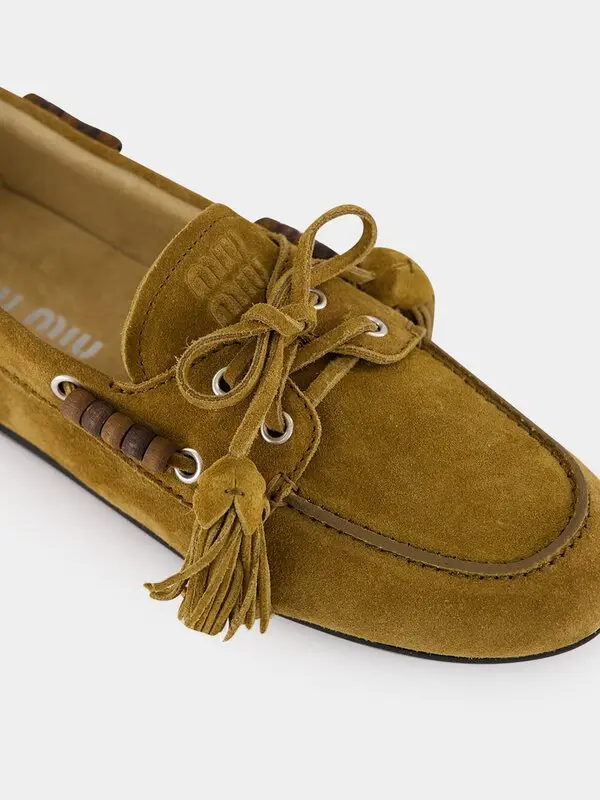Miu Miu Camel Suede Tassel Deck Shoes - Brown