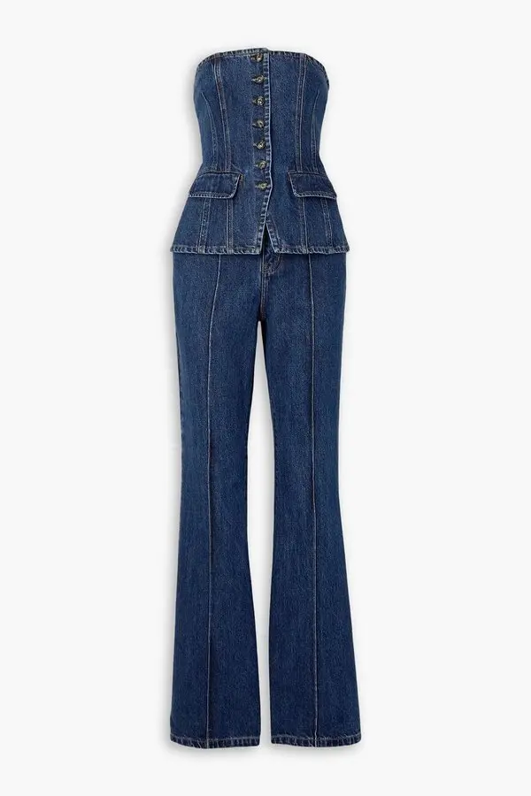 SELF-PORTRAIT Convertible Strapless Denim Jumpsuit - Dark Denim