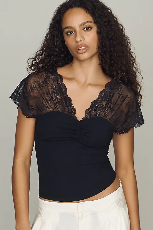 Anthropologie Lace Cap-sleeve Top - Black