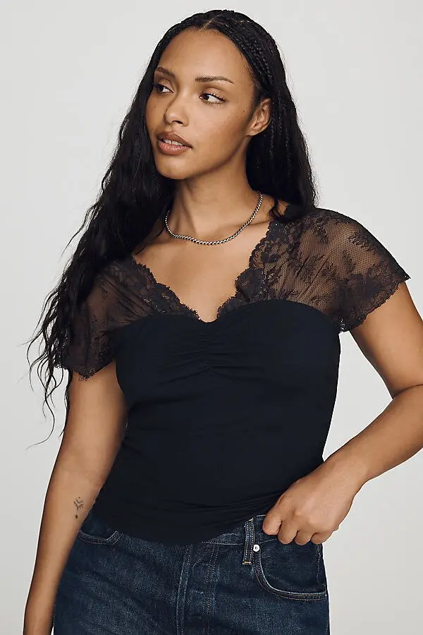 Anthropologie Lace Cap-sleeve Top - Black