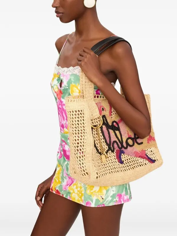 Chloé Raffia Tote Bag With Appliqu - Multicolor