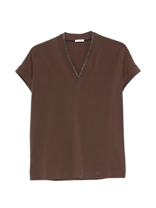 Brunello Cucinelli Cotton V-neck T-shirt With Monili Trim - Multicolor
